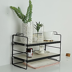 woodsky Desk Organizer Wooden Countertop Shelf with Metal Frame for Home & Office Supplies Adjustable Tabletop Storage and Display Stand for Living Room, Kitchen, Bedroom (Beige)