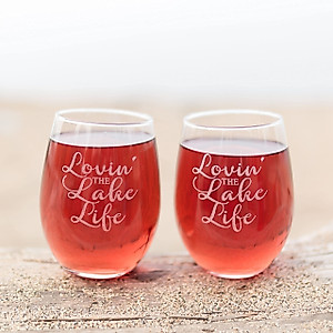 Lake House Decor, Lake Life Etched Wine Glasses Set of 2 Lake House Decorations for Home