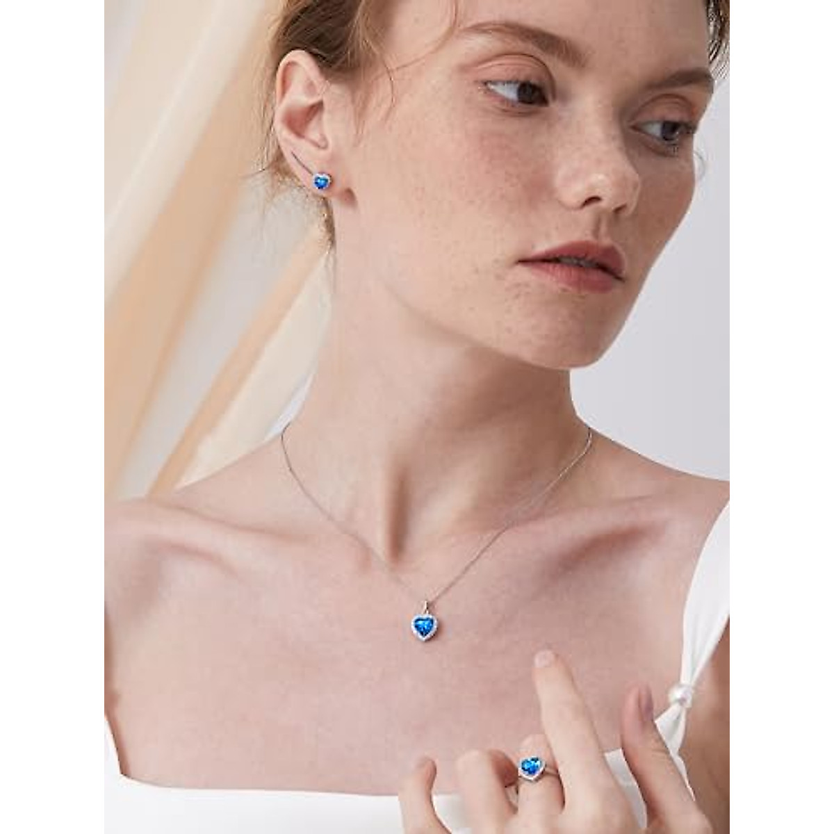 Love Heart Necklace Created March Birthstone Necklace Blue Created Aquamarine Sterling Silver Necklace