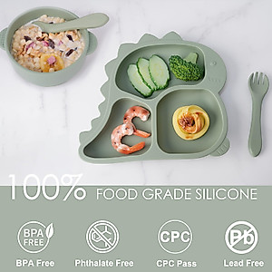 FOMOMDI Silicone Baby Weaning Set, 10PCS Baby Feeding Set - Toddler Utensils, Baby Led Weaning Supplies with Dinosaur Plate, Bib, Cup, Suction Bowl, Forks, Spoons, Fruit Feeder, Clean Brush