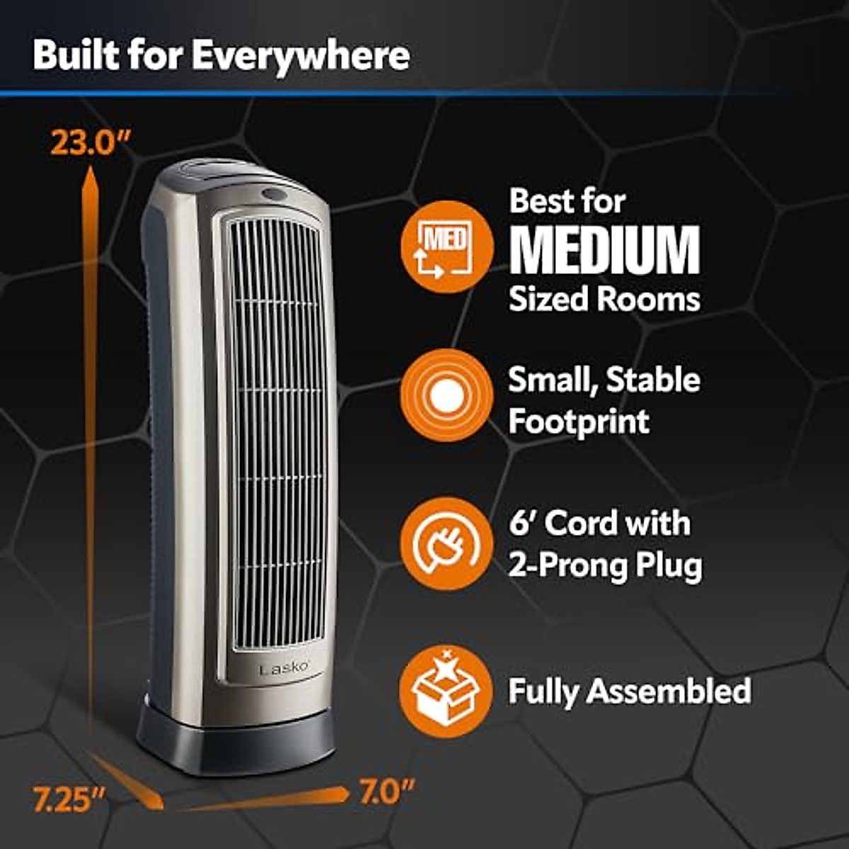 Lasko Oscillating Digital Ceramic Tower Heater for Home with Adjustable Thermostat, Timer and Remote Control, 23 Inches, 1500W, Silver, 755320, 8.5″L x 7.25″W x 23″H, Silver