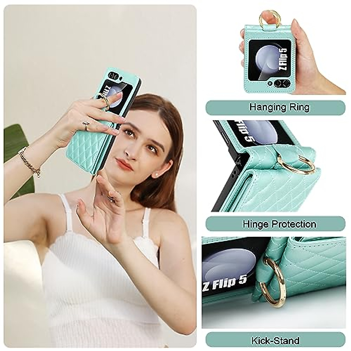 KSRIDOTE for Samsung Galaxy Z Flip 5 Case,Galaxy Z Flip 5 Phone Case Wallet with Card Holder & Ring Crossbody Wallet Case Luxury Gift for Women, Mint Green
