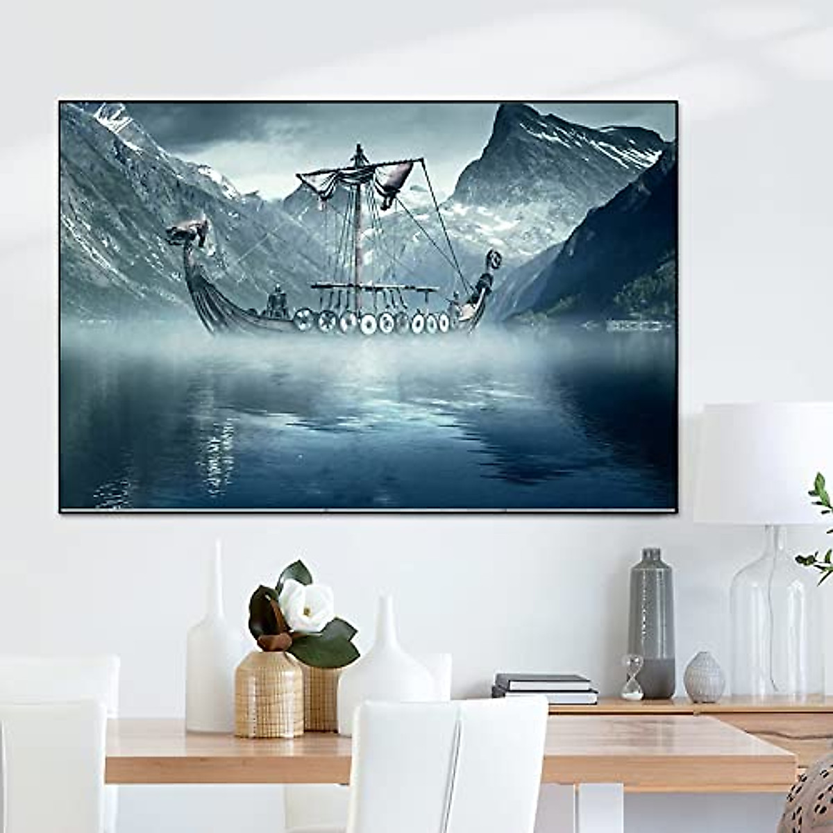 CINORD Landscape Cold North Sea Viking Long Ship Canvas Painting On The Wall Art Posters Bedroom Home Decor Living Room Prints (Framed,60x90cm)