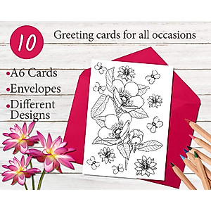 Art Eclect Adult Coloring Flower Greeting Cards for Birthdays, Anniversary, Thank You and Sympathy Cards (10 Cards and 10 Envelopes, Set Flowers B/Pink)