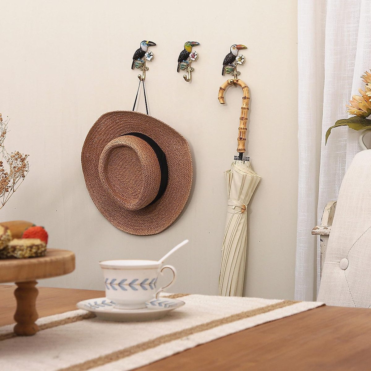 SOFFEE DESIGN Set of 3 Metal Single Hooks 3D Toucans Design, Bright Coating Ornate Style for Hanging Coat/Keys/Scarf, Wall Mounted Heavy Duty Hooks Home Decor