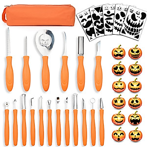 Upgraded 18 PCS Pumpkin Carving Kit Halloween Professional Heavy Duty Punkin Carver Knives and Tools with Carrying Case for Adults & Kids with Professional Sculpting Set