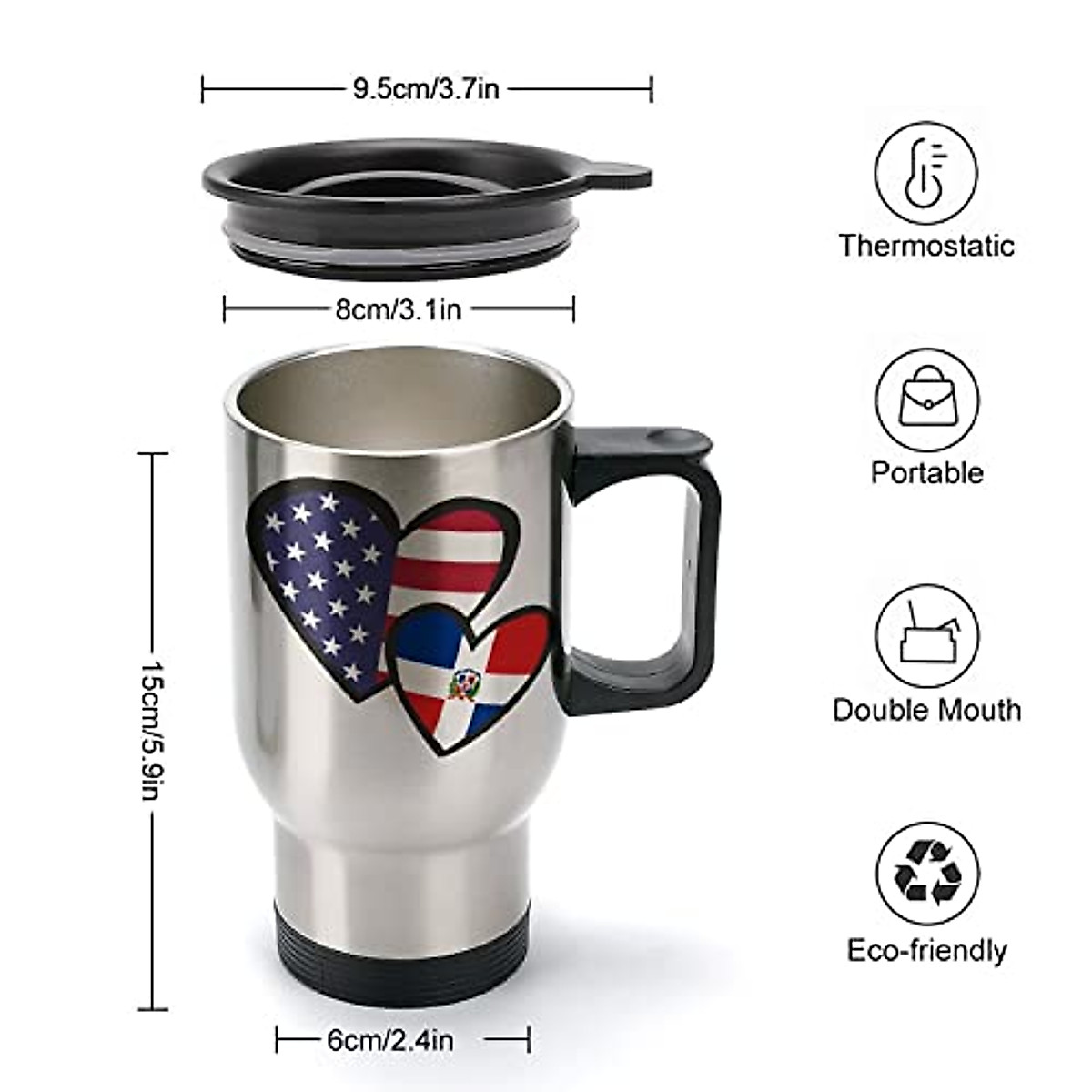 Interlocking Hearts USA Dominican Republic Flag 14 Oz Travel Coffee Mug Stainless Steel Vacuum Insulated Cup with Lid