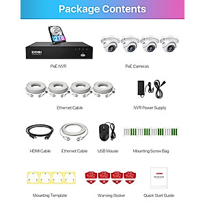 ZOSI 8CH 4K PoE Home Security Camera System with 2TB Hard Drive,4pcs 3K 5MP Indoor Outdoor IP Dome Cameras,Night Vision,Motion Detection,Remote Access,8 Ports 16CH 8MP NVR Recorder for 24/7 Recording