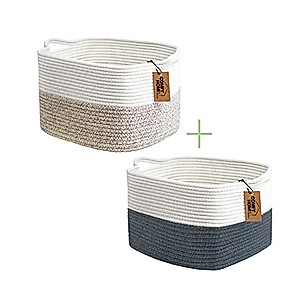 COMFY-HOMI 13.5"x11"x 9.5" Square Cotton Rope Woven Basket with Handle Laundry Storage Bin (Set of 2) - Brown and Dark Grey