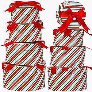 Qilery 8 Pcs Christmas Round Nesting Gift Boxes Candy Cane Gift Boxes Red and White Christmas Cookie Boxes with Lids 4 Assorted Size Stackable Cardboard Box with Red Ribbon for Gift Giving Wrapping