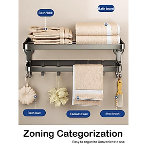 Bathroom Towel Bar 24 in Double Foldable Suction Cup Wall Mounted Towel Bar Organizer with 7 Hooks Bathroom Toilets Verandahs Simple Installation Bathroom Stands No Need to Punch Holes Modern Gray