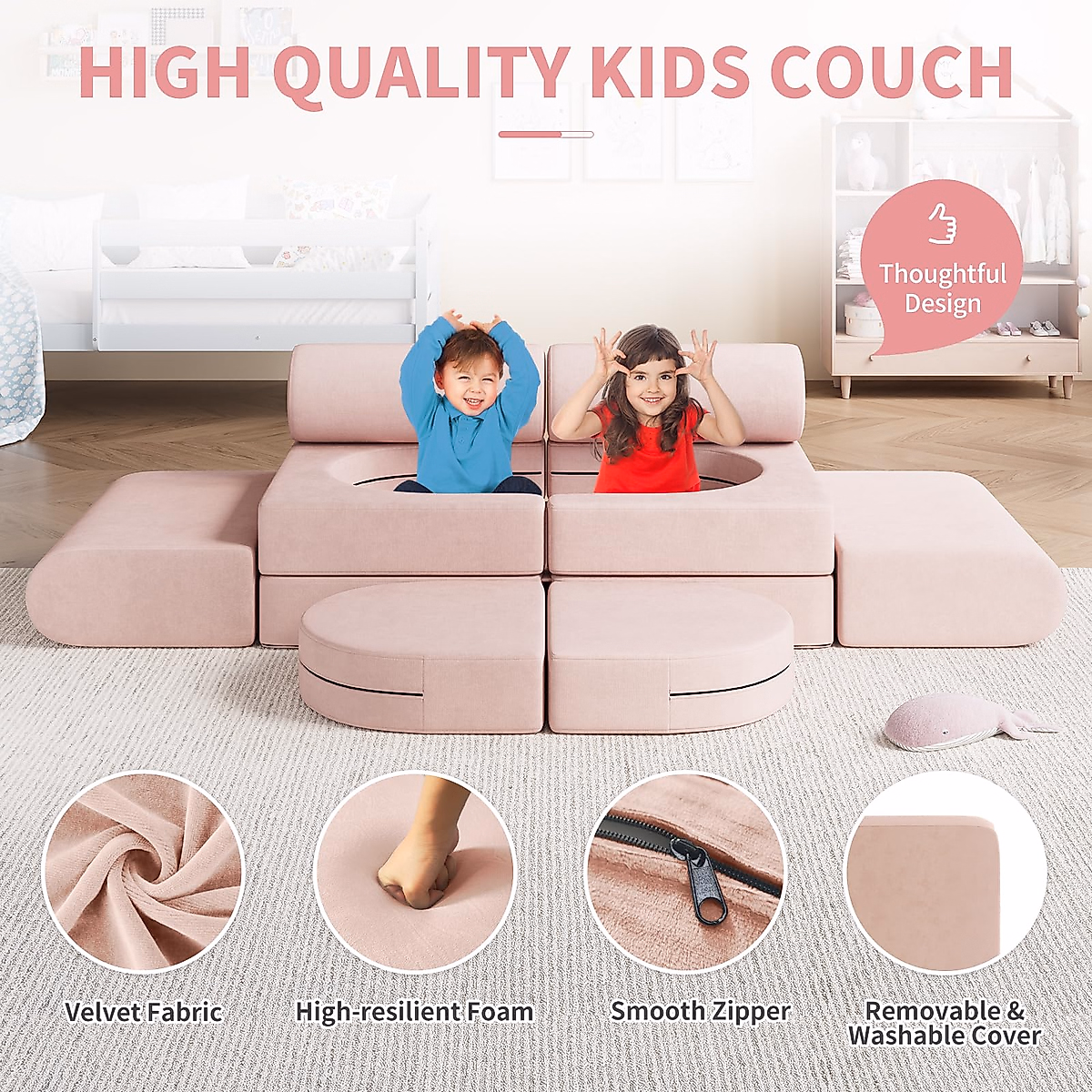 DEYGIA Modular Kids Play Couch, 10PCS Kids Modular Couch with 2 Arches and 2 Round Handrail, Kids Couch for Playroom, Modular Kids Couch for Boys and Girls, Modular Couch Kids (Pink)