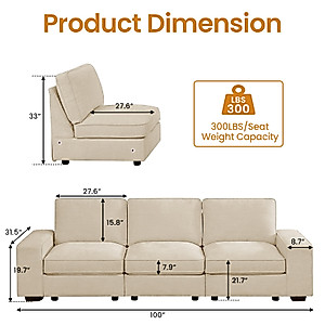 COHOME 100" Sectional Couch with Storage, Chenille Comfy Upholstered Couch for Living Room,3 Seater Free Combination Modular Sofa Couch with Deep Seat,Beige