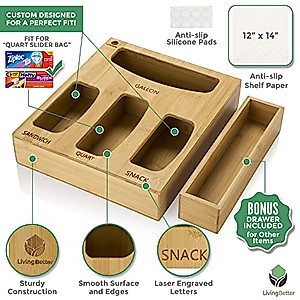 LivingBetter Bamboo Ziplock Bag Organizer for Drawer - Wooden Sandwich Bag Organizer for Drawer - Compatible with Gallon, Quart, Snack, Sandwich Storage Bags - Plastic Ziploc Bag Organizer for Drawer