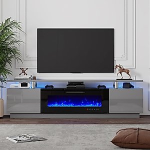LUXOAK 80" Fireplace TV Stand, Modern LED Entertainment Center with 40" Electric Fireplace, High Gloss Finish Media Console with Storage for TVs Up to 90", Grey