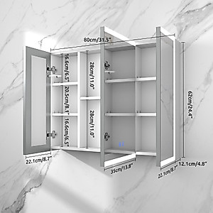 LALAHOO Lighted Medicine Cabinet with Mirror 31.50 X 24 Large 3 Doors Medicine Cabinets for Bathroom with Lights, Surface Mount Medicine Cabinet with Shelves, Storage Organizer, Defog,Dimmer