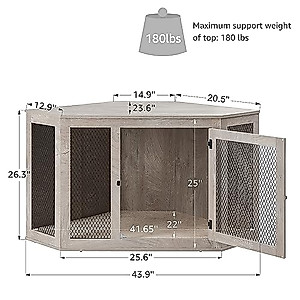 unipaws Corner Dog Crate Pet Crate Furniture for Small Medium Dogs with Cushion, Medium Dog Crates Dog Kennel with Metal Mesh, Dog House, Pet Crate Indoor Use, Medium, Weather Grey