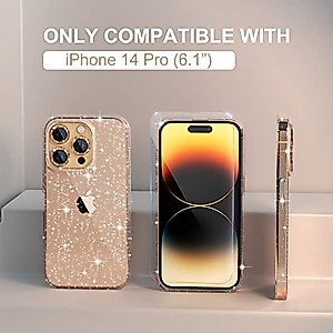 Choiche Compatible for iPhone 14 Pro Case Cute, Women Clear Glitter Bling Sparkly Case, [3 x Diamond Camera Lens Protectors] [2 x Tempered Glass Screen Protectors] 6.1-inch (Glitter Gold)