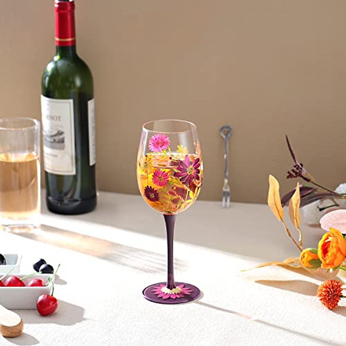 NymphFable Forever Flower Wine Glass 15oz Hand Painted Wine Glasses, Colorful Wine Glasses Birthday Wedding Gifts for Women