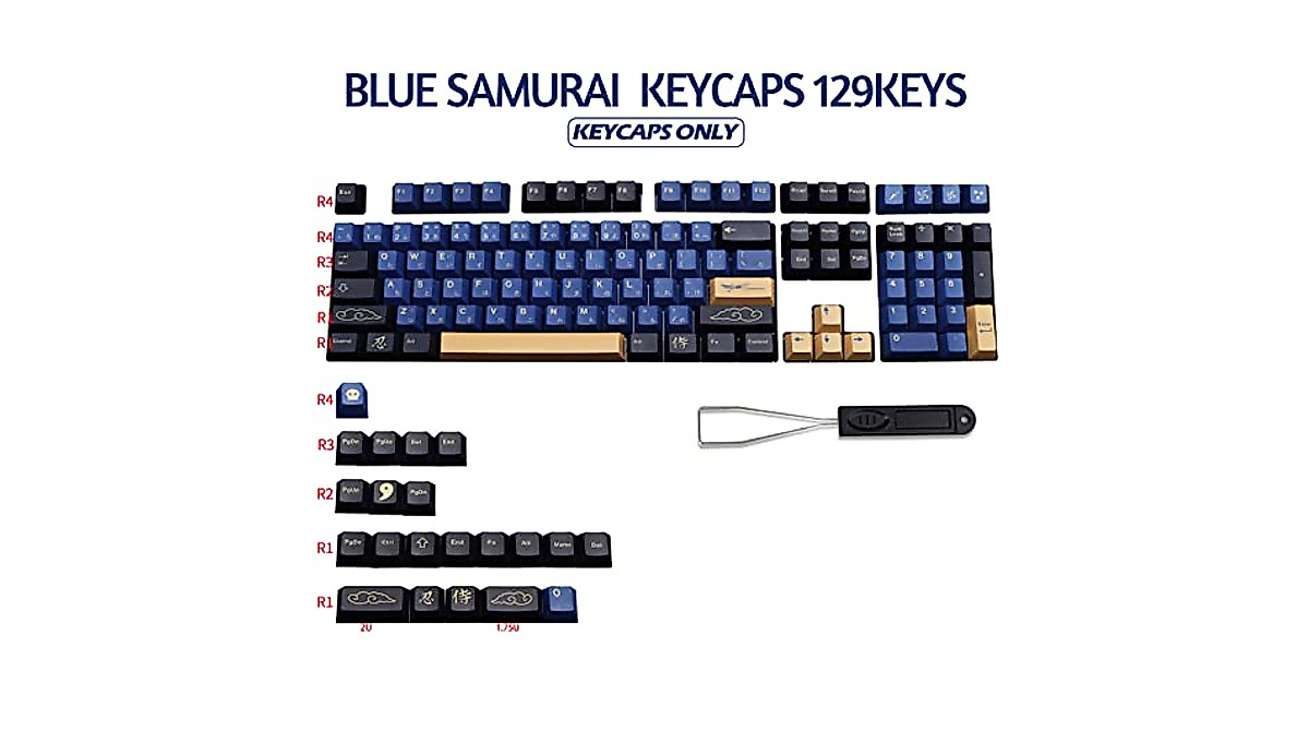 MOLGRIA Blue Samurai Keycaps, 129 Set PBT KeyCaps for Gaming Keyboard ...