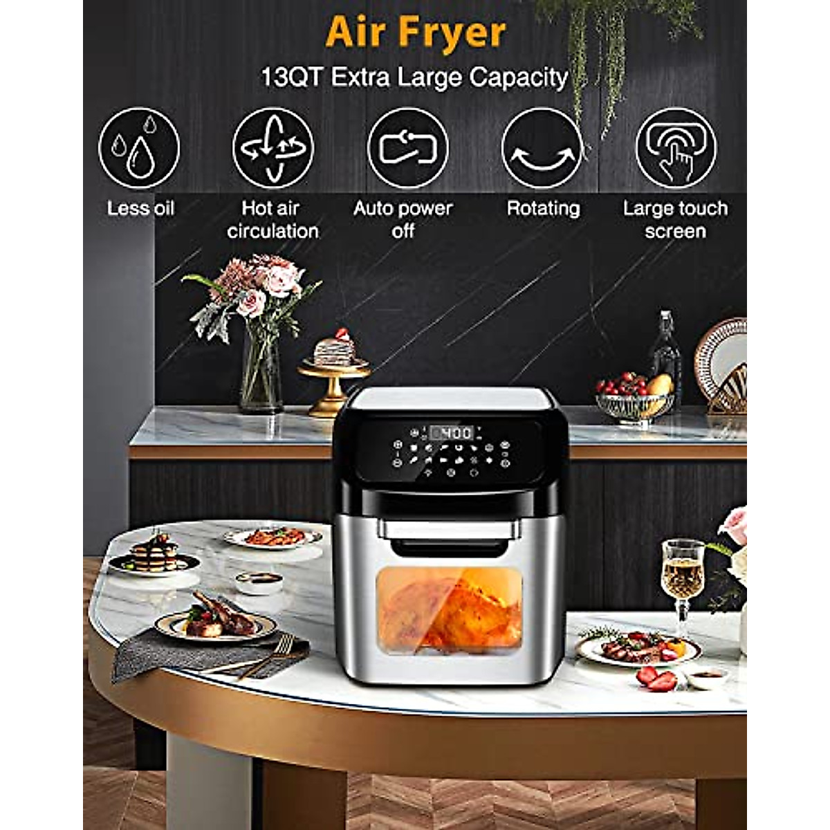 Air Fryer, 13 Quart Air fryer Oven with Rotisserie Function, 10 in 1 Electric Hot Oven with 8 Cooking Accessories and Recipe, 1700W Air Fryer Toaster Oven with 9 Presets, Preheat & Defrost Function