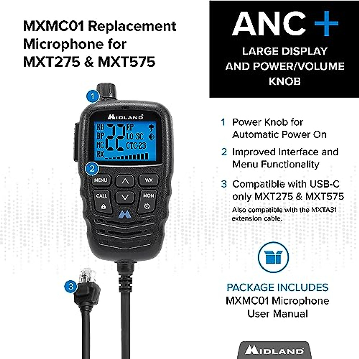 Midland – MXMC01 | Replacement Microphone for MXT275 & MXT575 – ANC Automatic Noise Canceling Electronic Microphone – Off-Roading Loud and Open-Air Vehicle - GMRS Farming Overlanding