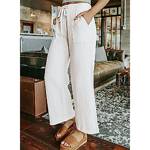 Dokotoo Women's Ladies Plus Size Fashion Summer Beach Casual Linen Elastic High Waisted Drawstring Comfy Elegant Wide Leg Loose Work Office Long Palazzo Pants for Women Trousers with Pockets White M