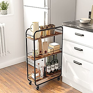 HOOBRO Slim Storage Cart, 3 Tier Serving Cart with Wheels, Trolley with Grids, Metal Frame, Sturdy and Stable, Rustic Brown BF18TC01