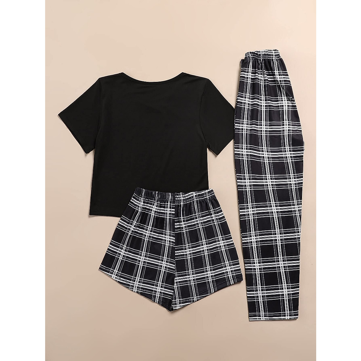 Verdusa Women's 3 Piece Plaid Print Pajama Sets Tee Top and Shorts Pants Pj Set Black S