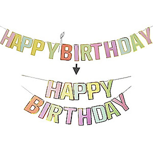 Pastel Happy Birthday Banner Assembled and Hanging Paper Fans Party Decorations Kit for Pastel Birthday Decorations