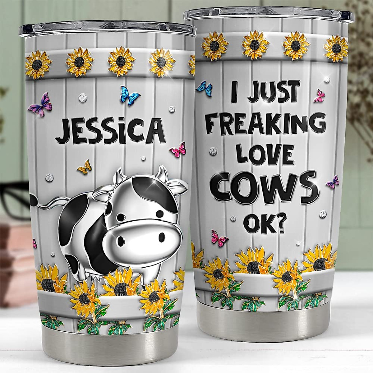 SANDJEST Personalized Cow Tumbler Sunflower Girl Loves Cows 20oz 30oz Tumblers with Lid Gift for Women Girl Daughter Sister Animal Lovers Christmas Birthday