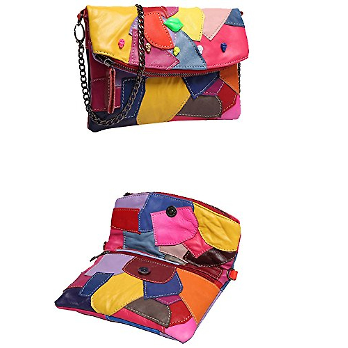 Sibalasi-Women Colorblock Lambskin Leather Multicolor Crossbody Bag Black Handbag Halloween Skull Studded Purse(AMulticolor)