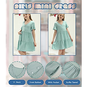 Tymidy Girls Casual Dress A-Line Midi Dress Button Down V Neck Short Sleeve Ruffle Flowy Swing Mixi Dresses for 4-15 Years Lake Green…