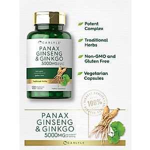 Carlyle Panax Ginseng + Ginkgo Biloba | 120 Vegetarian Capsules | 5,000mg | Vegetarian, Non-GMO, and Gluten Free Supplement