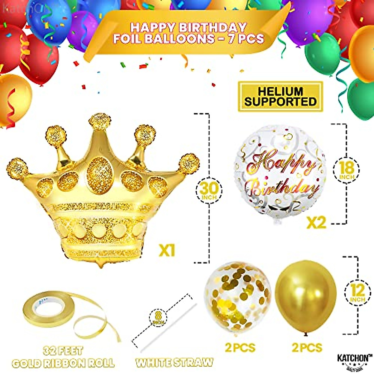 KatchOn, Gold Happy Birthday Balloon Set - 30 Inch, Pack of 7 | Crown Balloons Gold, Gold Confetti Balloons for Birthday Party | Gold Happy Birthday Printed Balloons, Queen Birthday Party Decorations