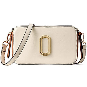 BOSTANTEN Crossbody Bags for Women Leather Snapshot Phone Purses Shoulder Handbags with 2 Adjustable Wide Strap Beige White