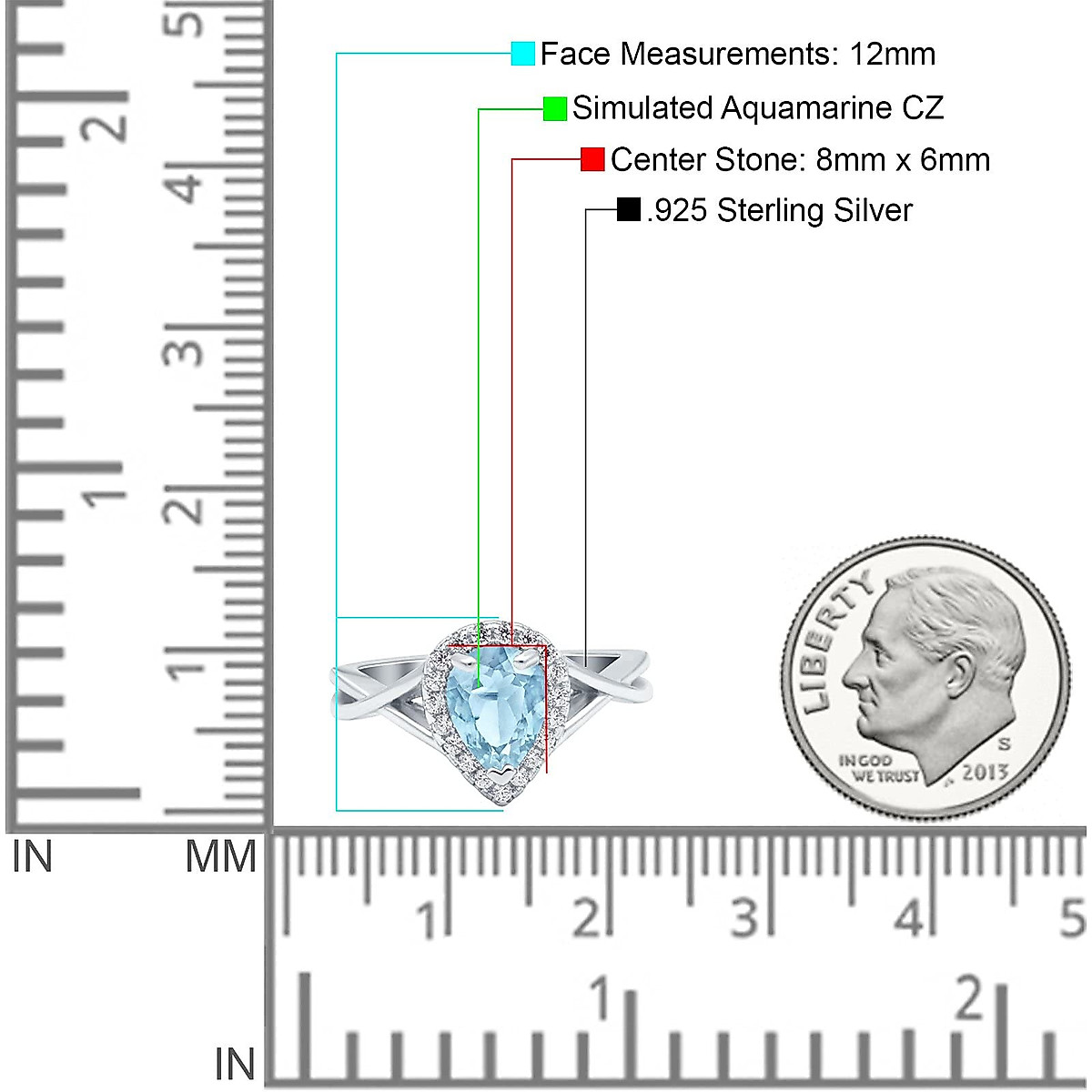 Blue Apple Co. Simulated Aquamarine Cubic Zirconia Size-8 Teardrop Pear Halo Twist Infinity Shank Art Deco Engagement Wedding Bridal Ring Round Simulated CZ 925 Sterling Silver