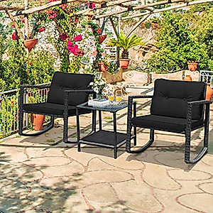 RELAX4LIFE Outdoor Rocking Chair Set, 3-Piece PE Rattan Bistro Set Patio Wicker Conversation Set w/Cushions Table & Storage Shelf, Outdoor Furniture for Garden, Backyard and Poolside (Black)