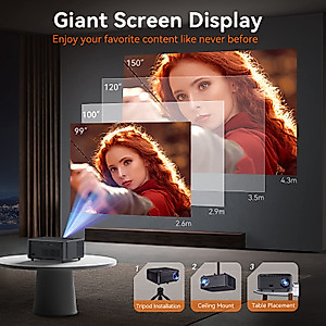 4K FHD WiFi Projector, Bluetooth Projector, 200" Portable Movie Projector, 13000 Lumens 500 ANSI Home Theater Video Projector Compatible with HDMI, USB, Laptop, iOS & Android Smartphone