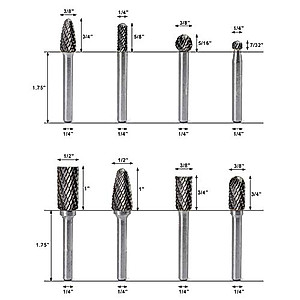 YUFUTOL Carbide Burr Set with 1/4''(6.35mm) Shank 8pcs Double Cut Solid Carbide Rotary Burr Set for Die Grinder Drill, Metal Wood Carving, Engraving,Polishing,Drilling