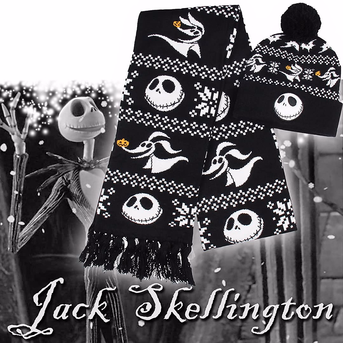 Disney The Nightmare Before Christmas Jack Skellington and Zero Beanie Scarf Set Black