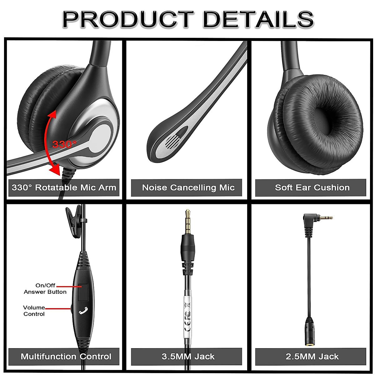 Wantek Cell Phone Headset Mono with Noise Canceling Mic, Wired Computer Headphone for iPhone Samsung Huawei HTC LG ZTE BlackBerry Smartphones and Laptop PC Mac Tablet with 3.5mm Jack(F600J35)