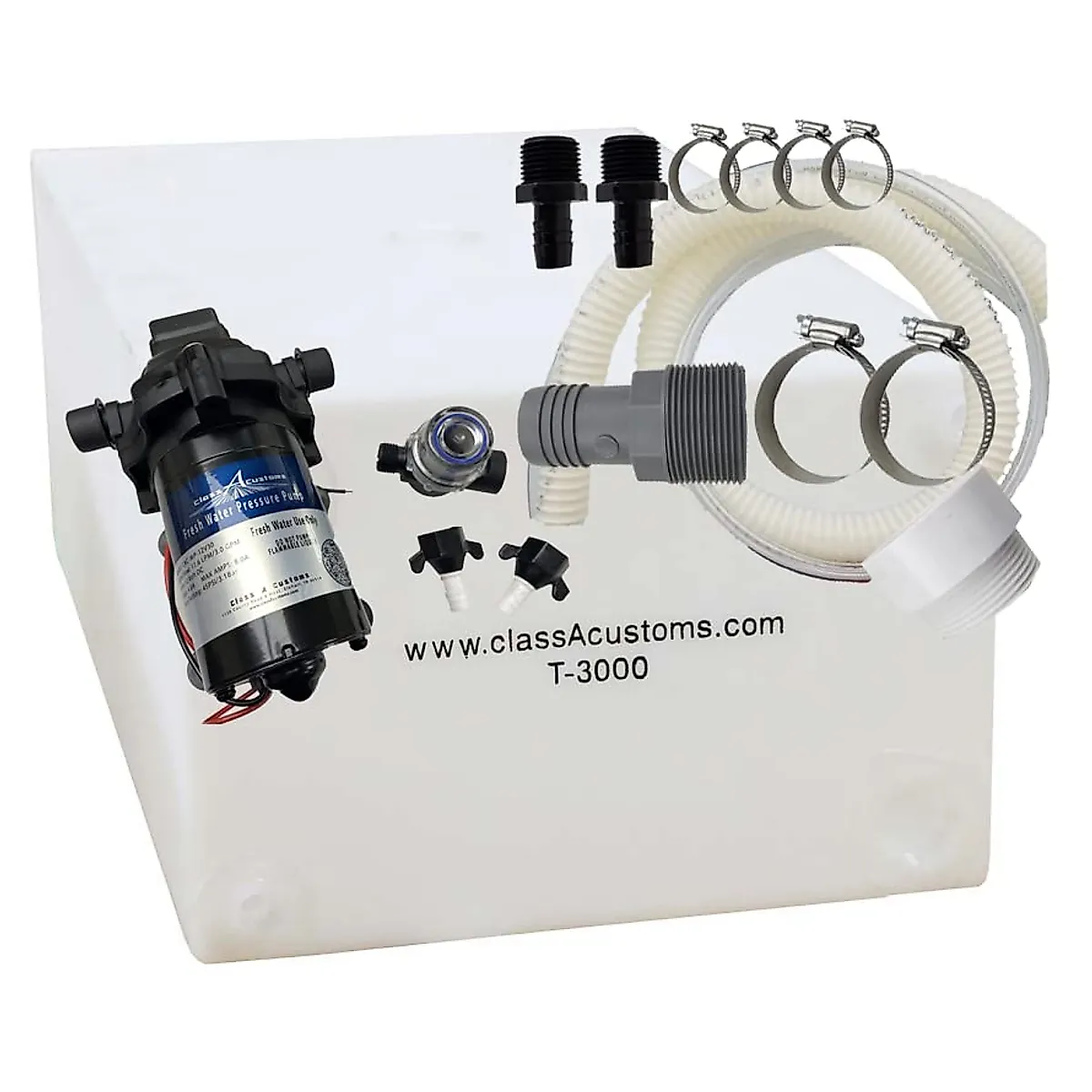 Class A Customs | 30 Gallon RV Concession Fresh Water Tank with Plumbing Kit & 12 Volt Water Pump | T-3000-BPK-PUMP
