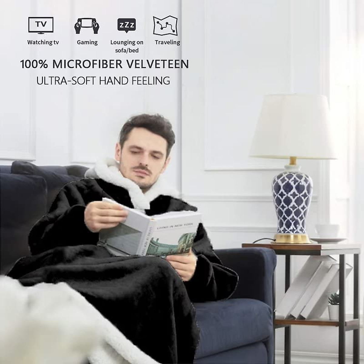 COTTEBED Black Sherpa Hoodie Women Wearable Blanket Men Hooded Sweater Blanket with Pockets Long Sleeve Blanket Robe Adult Comfy Thick Sweatshirt Throws Black