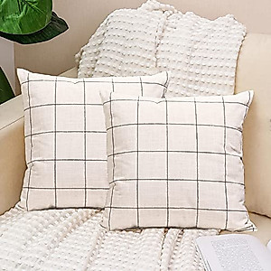 Basic Model Set of 2 Plaid Throw Pillow Covers Modern Farmhouse Decorative Square Linen Pillow Case for Sofa Couch Bed 20 x 20 Inch, Beige