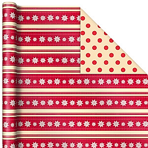 Hallmark Reversible Christmas Wrapping Paper (3 Rolls: 120 sq. ft. ttl) "Merry Holidays," Snowflakes, Snowmen, Red Stripes