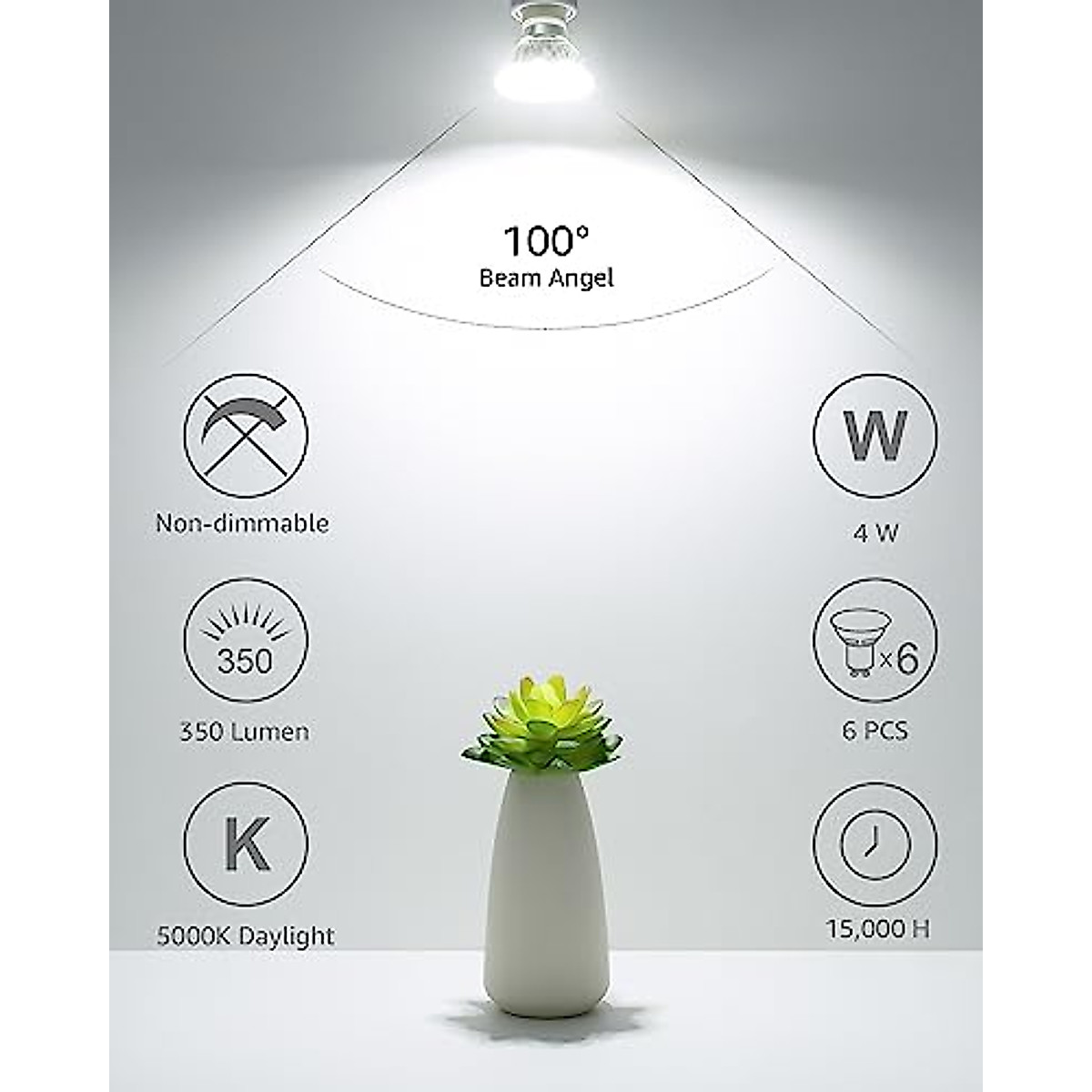 LE GU10 LED Light Bulbs Non-Dimmable, 5000K Daylight White GU10 Bulb Replacement for Recessed Track Lighting, 4W LED Bulbs with 100°Flood Beam for Kitchen, Range Hood, Living Room, Bedroom, 6 Pack