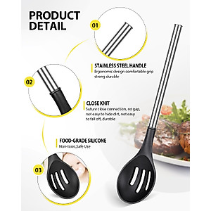 2 Pcs Silicone Cooking Spoons, Solid and Slotted Spoon Set, Non-Stick BPA Free Heat-Resistant Basting Stainless Steel Handle Kitchenware for Cooking, Soup, Serving, Draining, Stirring (black)
