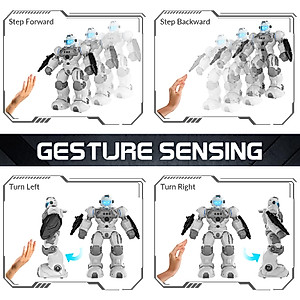 STEMTRON Robot Toys for Kids, Programmable Remote Control Robot with Intelligent Gesture Sensing, Recharge, Singing & Dancing Mode, Launcher (White)