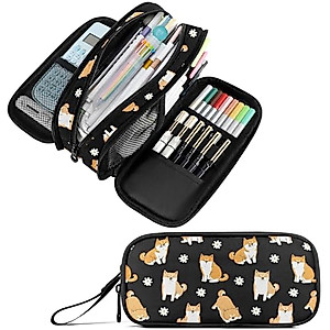 Fustylead Cute Cartoon Shiba Inu Dog and White Daisy Flower Large Pencil Bag Storage Pen Case Makeup Pouch Stationery Bag for School College Office Organizer